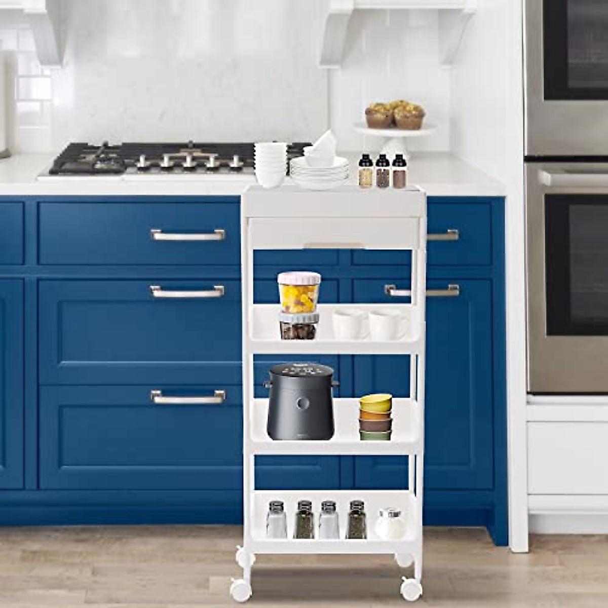 Fichiouy 4-Layer Floor Standing Shelf Units Rolling Utility Cart, Plastic Mobile Shelving Unit Storage Drawer Carts for Kitchen/Bathroom/Office White