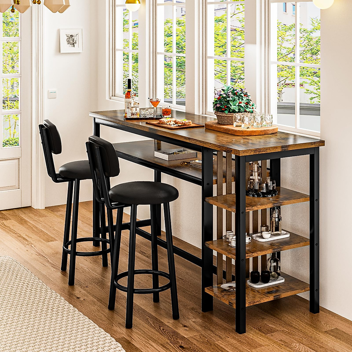 DKLGG 47" Bar Table and Chair Set, Small Kitchen Counter Dining Table Set for 2, 3 Piece Bar Height Table with 2 Stools & Storage, Pub Table Dining Set for Breakfast Nook, Small Space