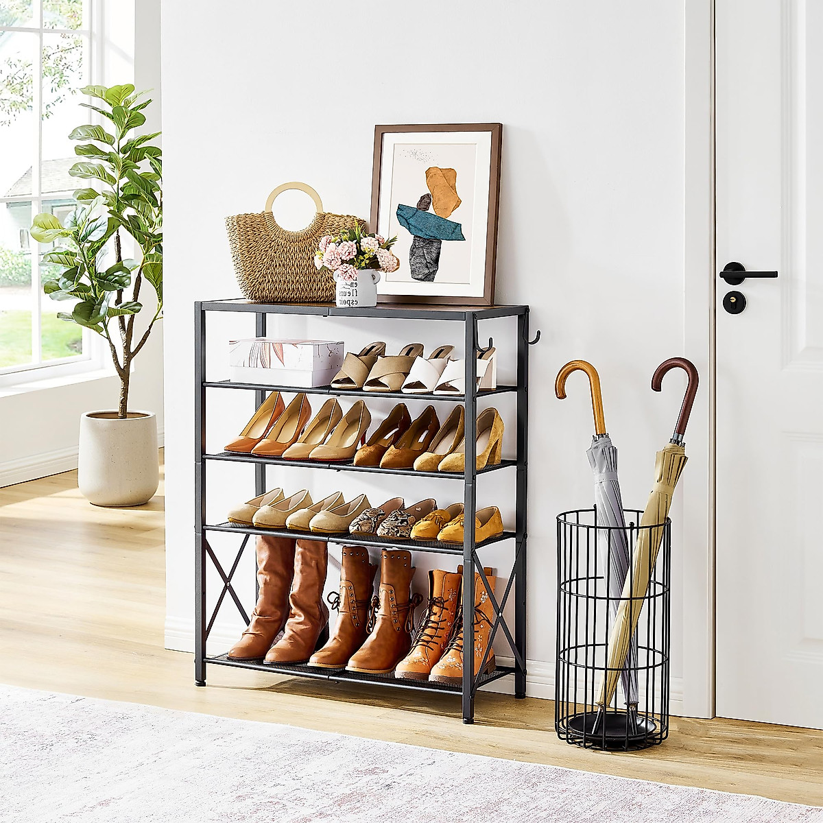 Tajsoon 5 Tier Shoe Rack Organizer for 16-20 Pairs of Shoes, Front Door Shoe Rack with 2 Hooks, Metal Mesh Shoe Shelf for Entryway, Shoe Storage with X Shape Fixed Frame, Rustic Brown & Black