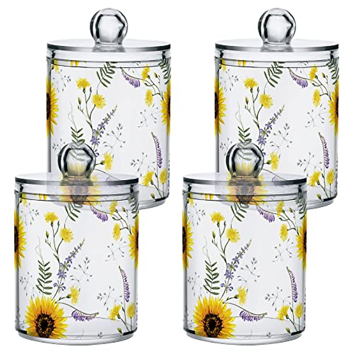 Kigai 2 Pack Apothecary Jars Sunflower Floral White Qtip Holder Organizer Clear Airtight Container for Cotton Swabs Food Storage 14oz Plastic Jars with Lids