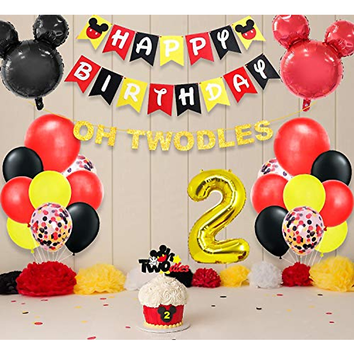 Happy 2nd Birthday Balloon Set Mouse Themed Decoration – Oh Twodles Banner and Cake topper Party Supplies Gold Red