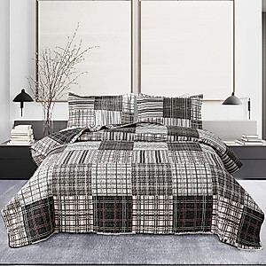 Ycosy King Size Quilt Set Bedding Plaid Patchwork Bedspread Set Soft Lightweight Quilt Bedspread Bedding Black White Grey Plaid Stripe Modern Quilts Patchwork Coverlet Mens Home Quilt for King Bed