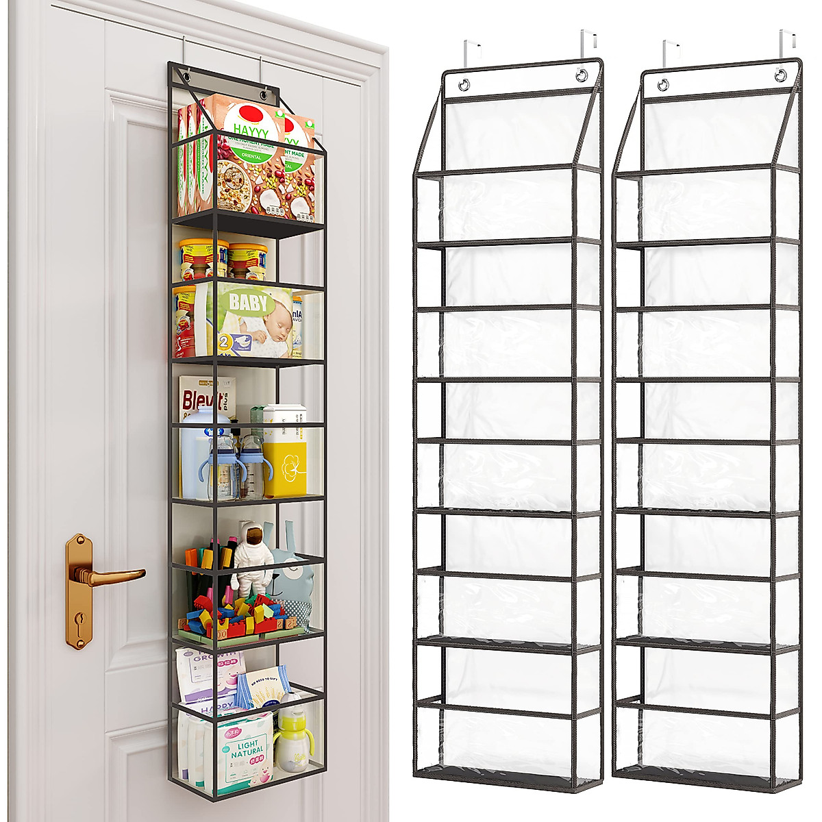 Fixwal 2 Pack Over The Door Pantry Organizer Hanging Storage Room Organizer 5-Shelf with Clear Plastic Pockets Large Capacity for Closet Bedroom Bathroom (Grey)