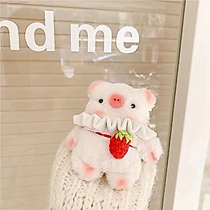 Cute Unique Creative Stylish Furry Cartoon Handmade Fur White Pig Piggy Knit Animal Plush Case Compatible with Airpods2 Aiprods Girlilsh Strawberry Headphone Stuffed Cover for Girls Women Best Gift