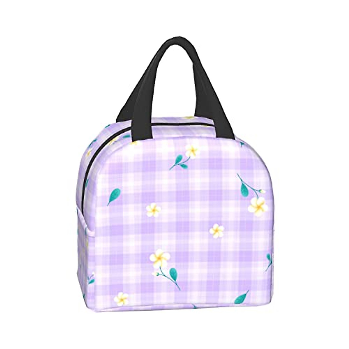 Plumeria Purple Lilac Violet Flower On Purple Plaid Lunch Box Bento Box Insulated Lunch Boxes Reusable Waterproof Lunch Bag With Front Pocket For School Office Picnic