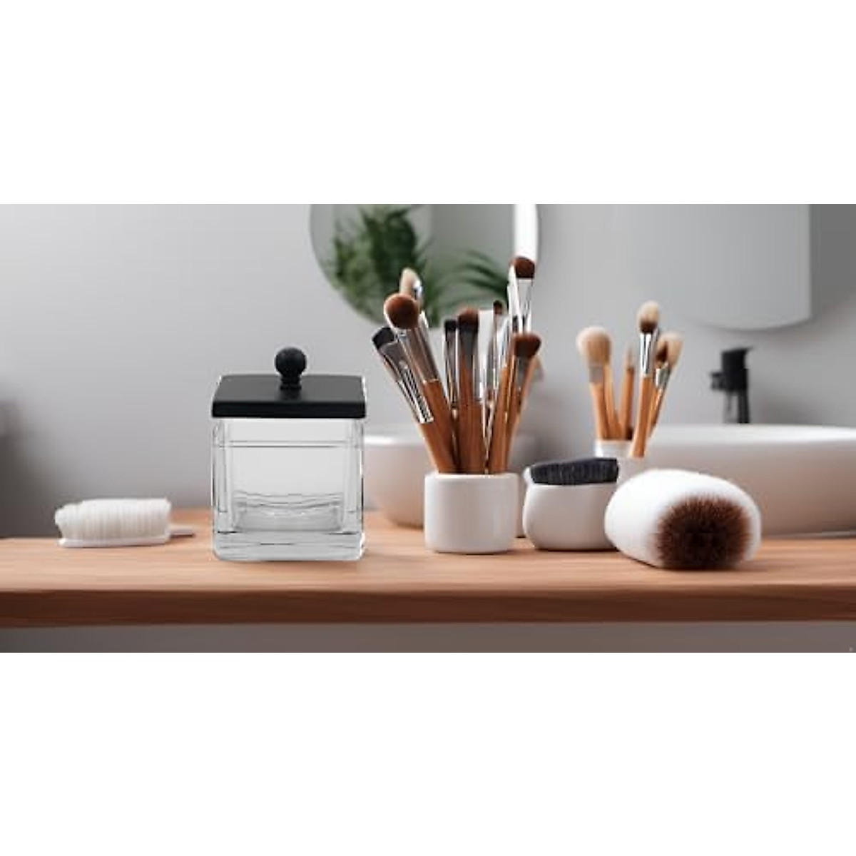 Indecor Home H Halston Apothecary Glass Cotton Jar Holder for Qtips, Cotton Balls, Floss, Storage Canister ,Bathroom Organization, With Matte Black 304L Stainless Steel Lid, Makeup Vanity Organizer