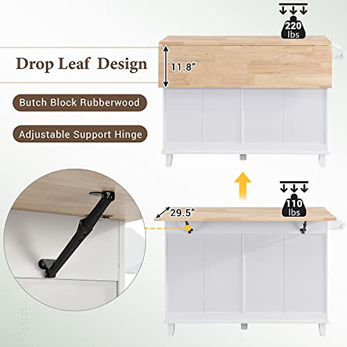 Bellemave Kitchen Island Set with Drop Leaf and 2 Seatings,Dining Table Set with Storage Cabinet,Drawers and Adjustable Shelves( White+Rustic Brown)