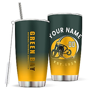 Custom Green Bay Tumbler 20oz Stainless Steel with Lid & Straw Personalized Football Fans Gifts for Women Men Travel Cup Insulated Tumbler Add Name Number