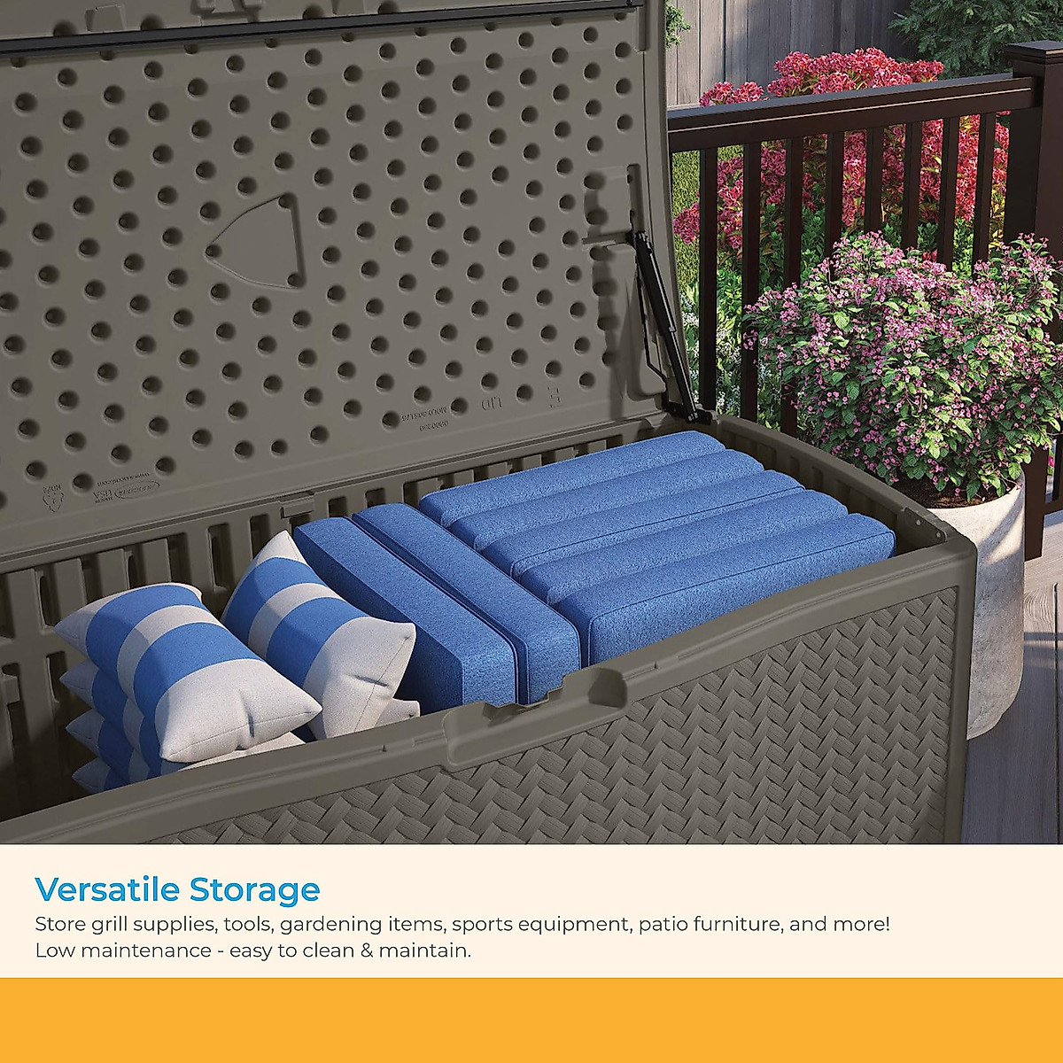 Suncast 124 Gallon Wicker Horizontal Outdoor Deck Box with Hinged Lid, Water-Resistant Storage Solution for Patio, Deck, Yard, and Garage, Stoney
