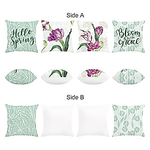 Bonhause Tulip Spring Pillow Covers 18x18 Set of 4 Hello Spring Flower Bloom Decorative Pillows Case Soft Velvet for Couch Sofa Patio Home Decor