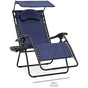 Best Choice Products Oversized Steel Mesh Zero Gravity Reclining Lounge Patio Chair w/Folding Canopy Shade and Cup Holder, Navy