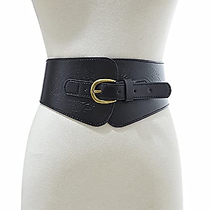AWOCAN Women Leather PU Elastic Stretchy Corset Cinch Belt Print Retro Cinch Belt Wide Waist Belt (black)