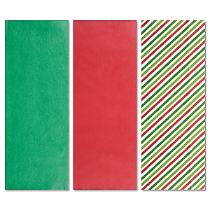 Holiday Red, Green & Stripes Tissue Sheets - Set of 18 Sheets, 20" x 20", 6 of Each Color/Design.