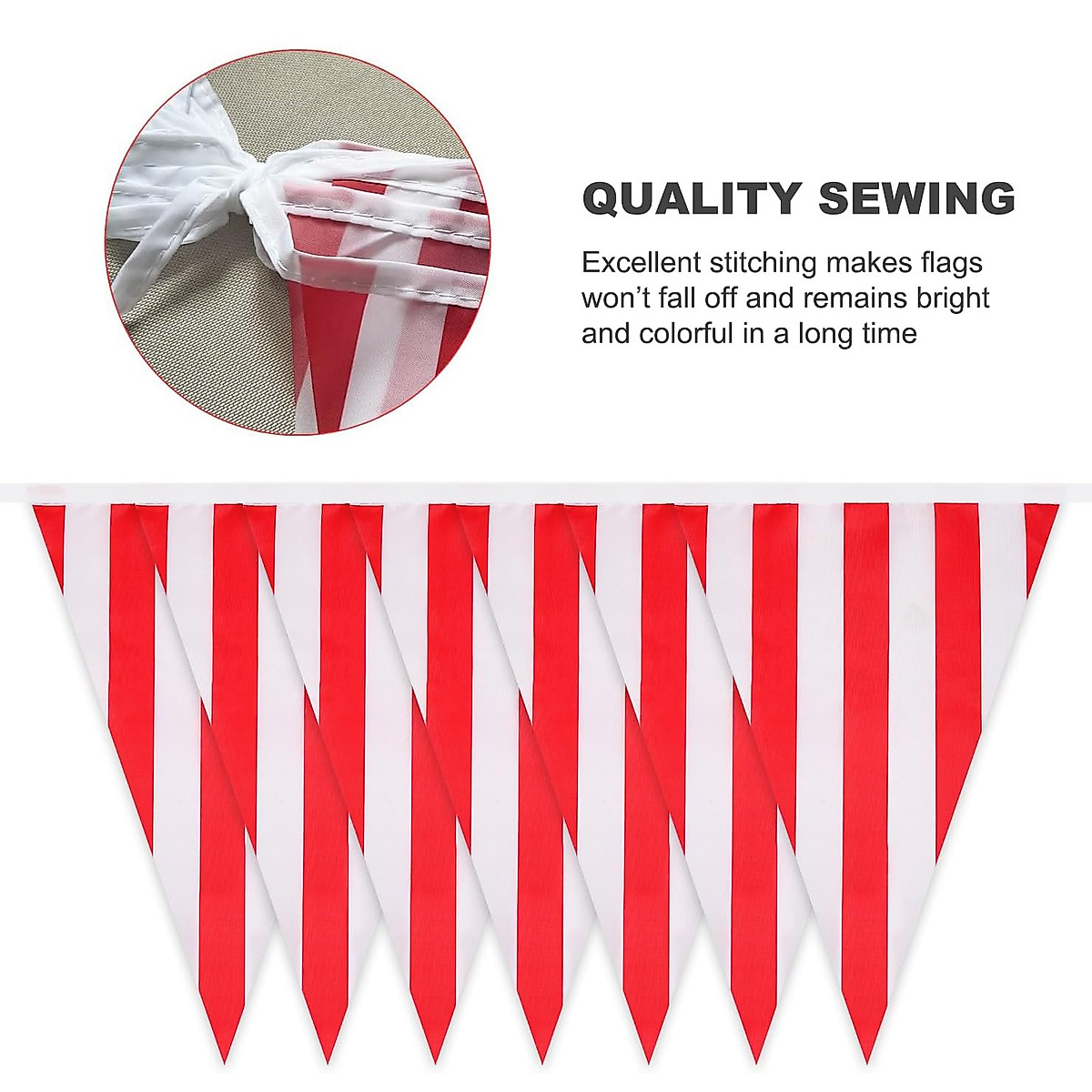 Red & White Striped Pennant Banners, Reusable Polyester Cloth Flags for Carnival Circus Party Decorations, Birthday Celebrations, Tent Camping (30 Feet - 21 Large Flags)