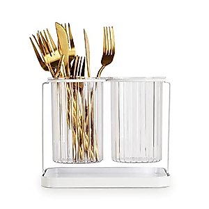 janebeauties Kitchen Utensil Holder for Countertop, Silverware Caddy with Metal Rack, Flatware Storage Cutlery Crock,Plastic 2-Cups Utensil Caddy Drying Utensil Container With Drain Tray for Party