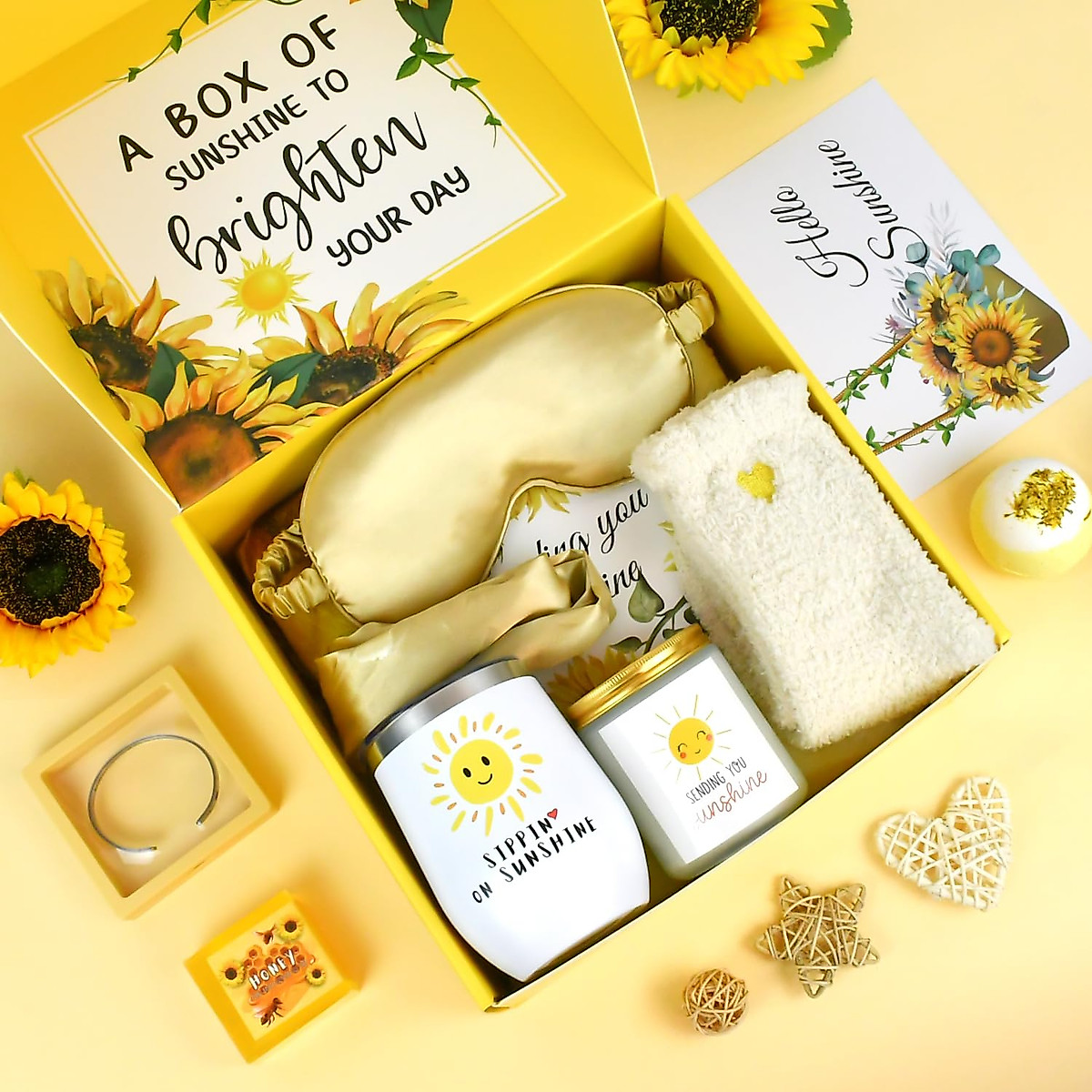 Sending Sunshine Gift, 12pcs Sunflower Gifts for Women, Get Well Soon Gifts Basket, Care Package, Unique Birthday Box with Inspirational Blanket Candle Thinking of You Her Sister Best Friend Mom Wife
