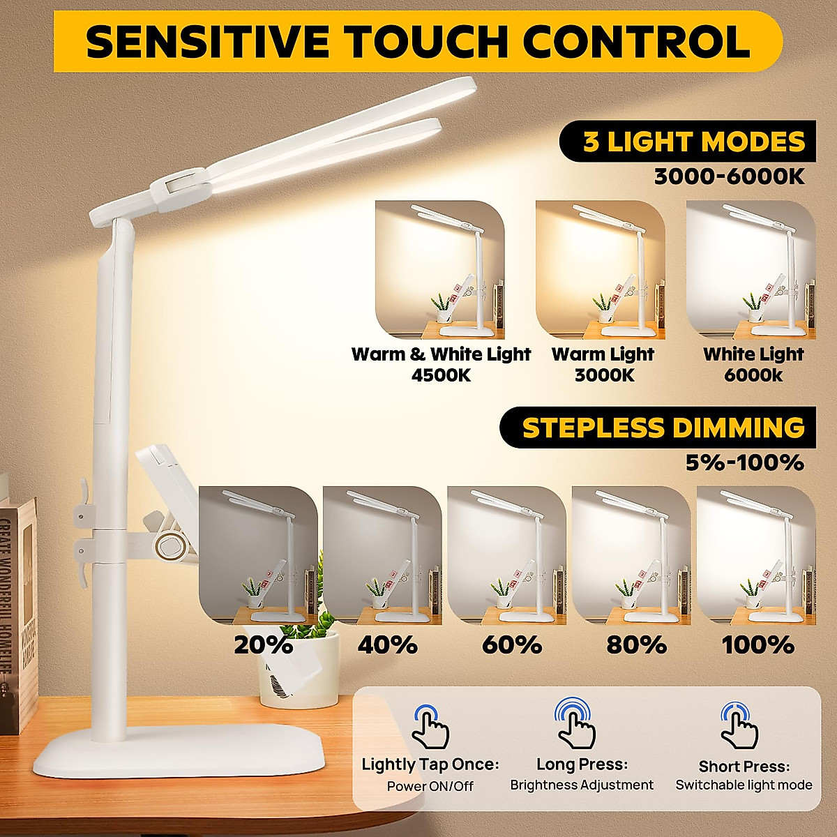 Desk Lamp with Book Stand: Bright LED Reading Lamp, Adjustable Dimmable Dual Swing Arm Eye-Caring Desk Lamp, Table Desk Light with Adjustable Book Stand for Home, Office, Bedroom, Work, Study