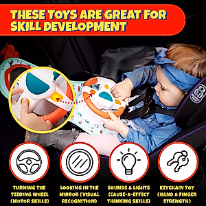 Interactive Car Seat Toys for Baby Girl & Boy - Portable Toddler Activity Center with Steering Wheel, Lever, Sounds, Music & Lights - Includes A Car Remote Musical Teether Toy for Infants