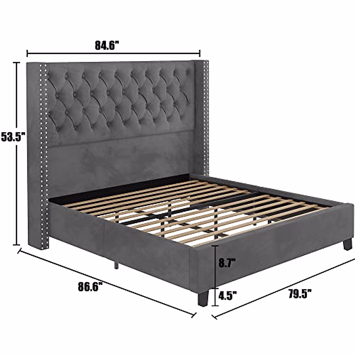 PaPaJet King Bed Frame Velvet Upholstered Bed with Deep Button Tufted/No Box Spring Needed/Easy Assembly/Dark Grey