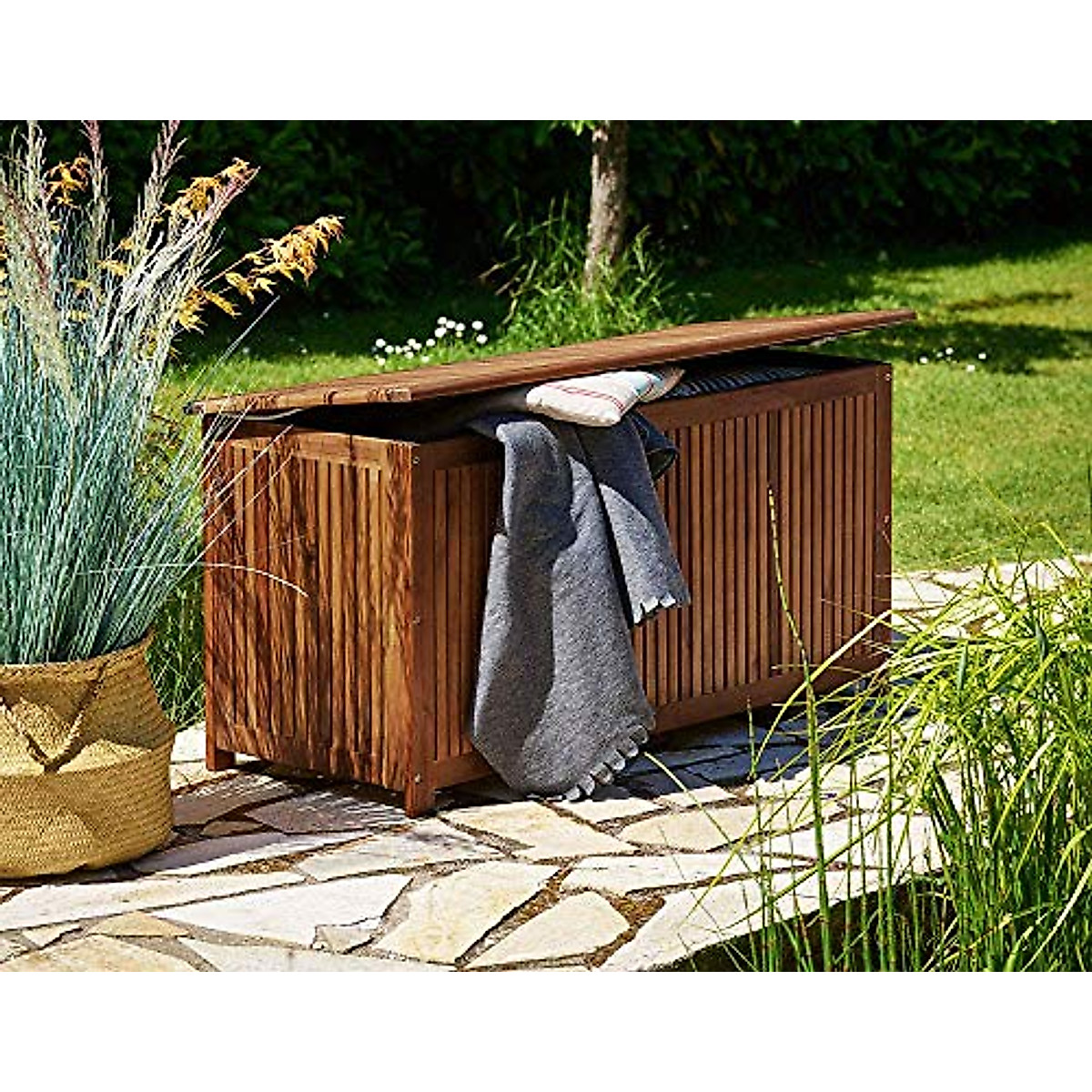 cucunu Outdoor Storage Box 65 Gallon Wooden Deck Boxes for Patio Garden Pool 46x20x24 Inch Waterproof Wood Chest Large Container