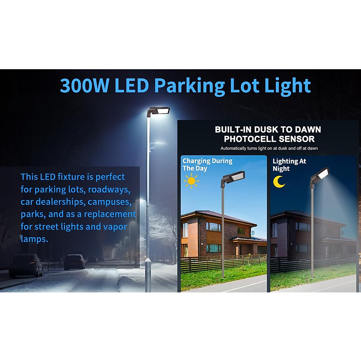 300W LED Parking Lot Light,5500K Adjustable Slip Fit Mount with 1000W Metal Halide/HPS Replacement,IP65 Waterproof, 39000 Lumens Outdoor LED Commercial Lighting for Stadium,Roadways,Street Light