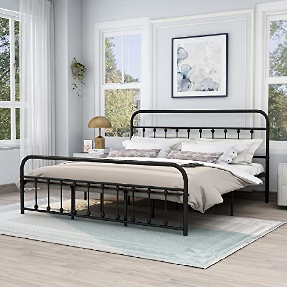 RYR Victorian Metal Platform King Size Bed Frame with Headboard Footboard No Box Spring Required Black