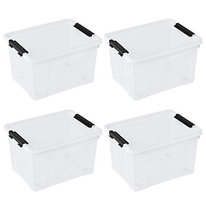 DynkoNA 22 Quart Plastic Latching Box with Wheels, 4 Pack Clear Lidded Storage Boxes