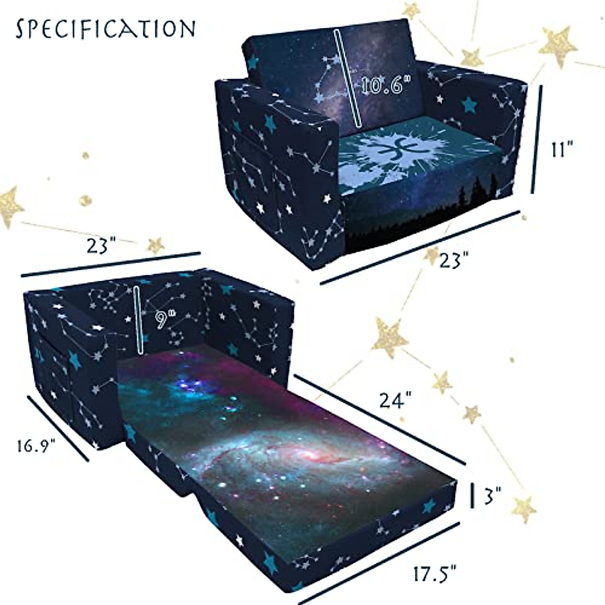fond + found Kids Sofa, Zodiac Sign Toddler Couch 2-in-1 Convertible Sofa to Lounger, Starry Sky Flip Out Chair & Sleeper, Zodiac Gifts Kids Couch for Kids Girls Boys