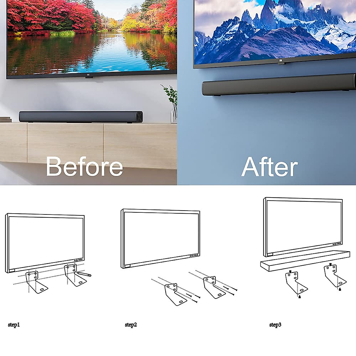 Haioulun Universal Soundbar Wall Mount Kit, Sound Bar Wall Mount Bracket Compatible Samsung, LG, Sony, Bose and Most of Soundbars, Wall Mount Shelf Mounting Brackets-Black