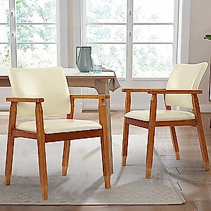 NOBPEINT Mid-Century Dining Side Chair with Faux Leather Seat in Tan, Arm Chair in Walnut,Set of 2