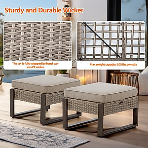 Joyside Patio Ottomans Outdoor Foot Rest-All Weather PE Rattan Ottomans Footstools with Removable Cushions & Anti-Rust Wood-Looking Legs for Garden Backyard Porch Deck (Beige)