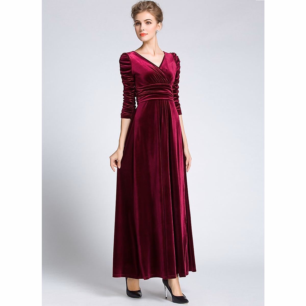 MedeShe Women's Christmas Long Velvet Maxi Dress (14/16, Burgundy Ruched Waist)