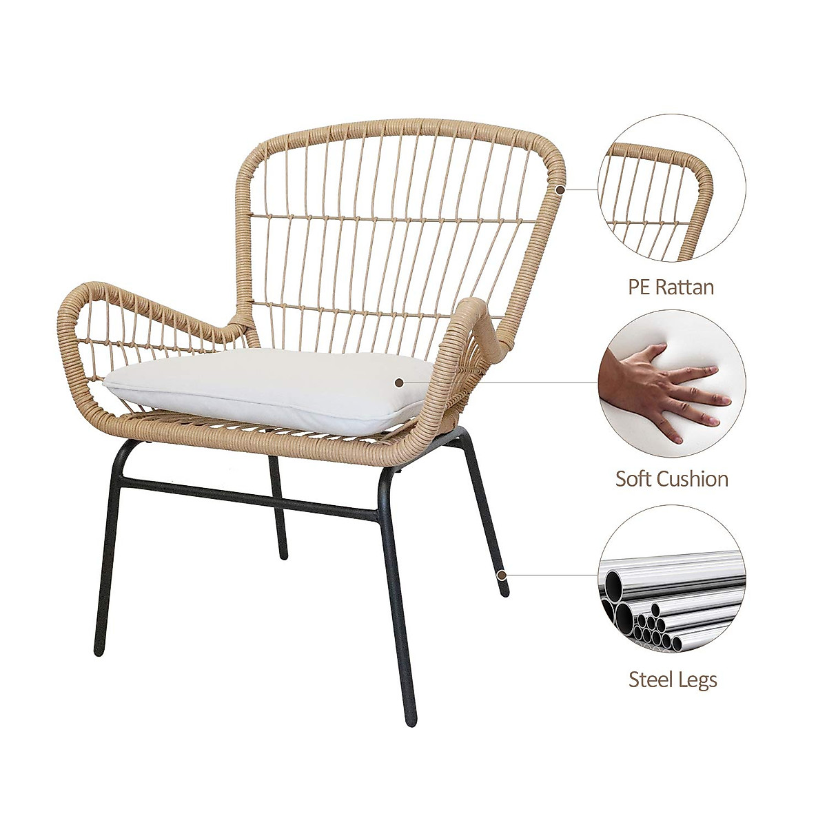 Livavege 3 Piece Patio Furniture Outdoor Wicker Balcony Bistro, Weather Rattan Conversation Chairs Set with Glass Top Table and Soft Cushions for Backyard, Pool, Deck, Garden, Brown