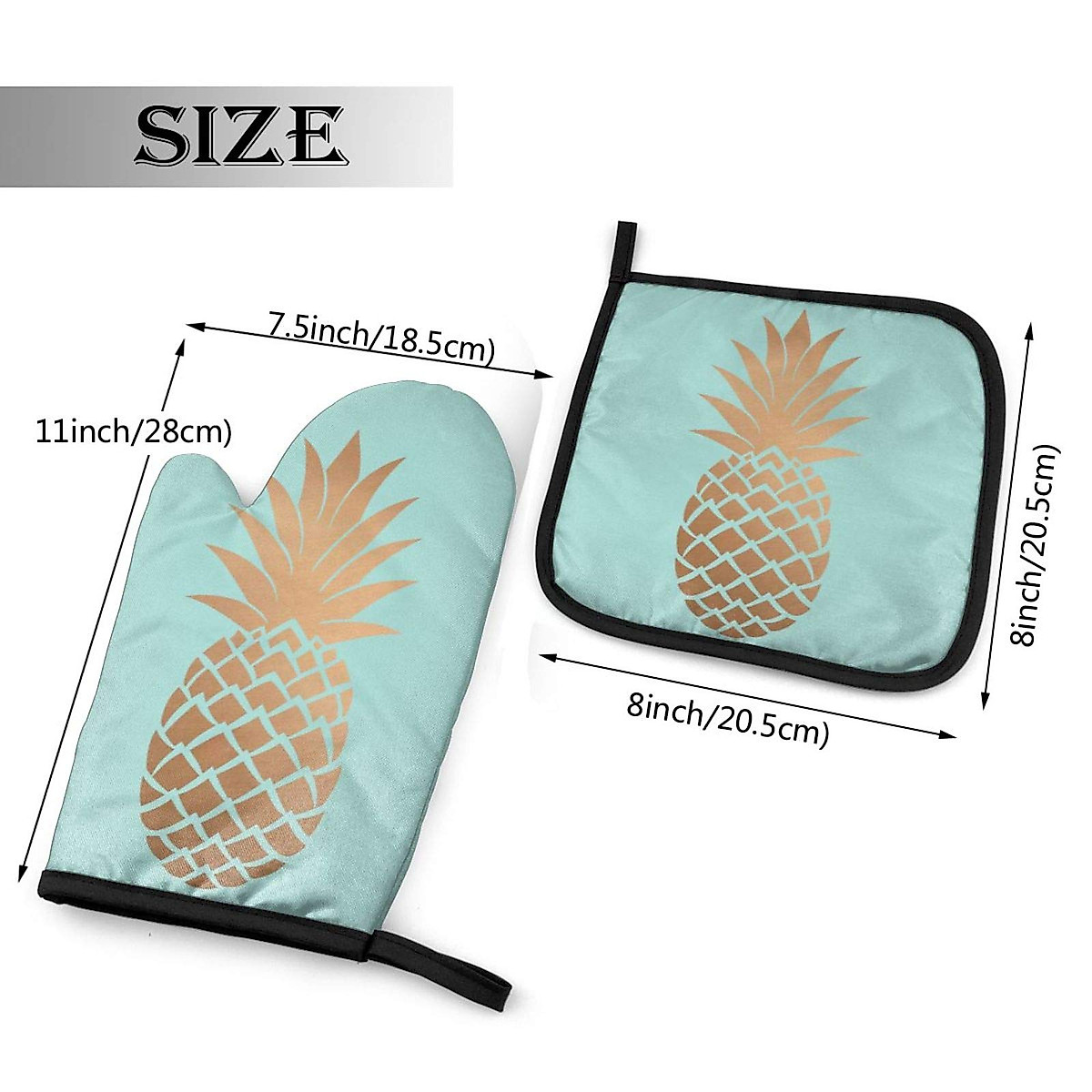 MSGUIDE Gold Pineapple Mint Green Oven Mitts and Pot Holders, 356℉ Heat Resistant Oven Gloves Soft Cotton Lining Gloves for Kitchen, Cooking, Baking, Grilling, BBQ