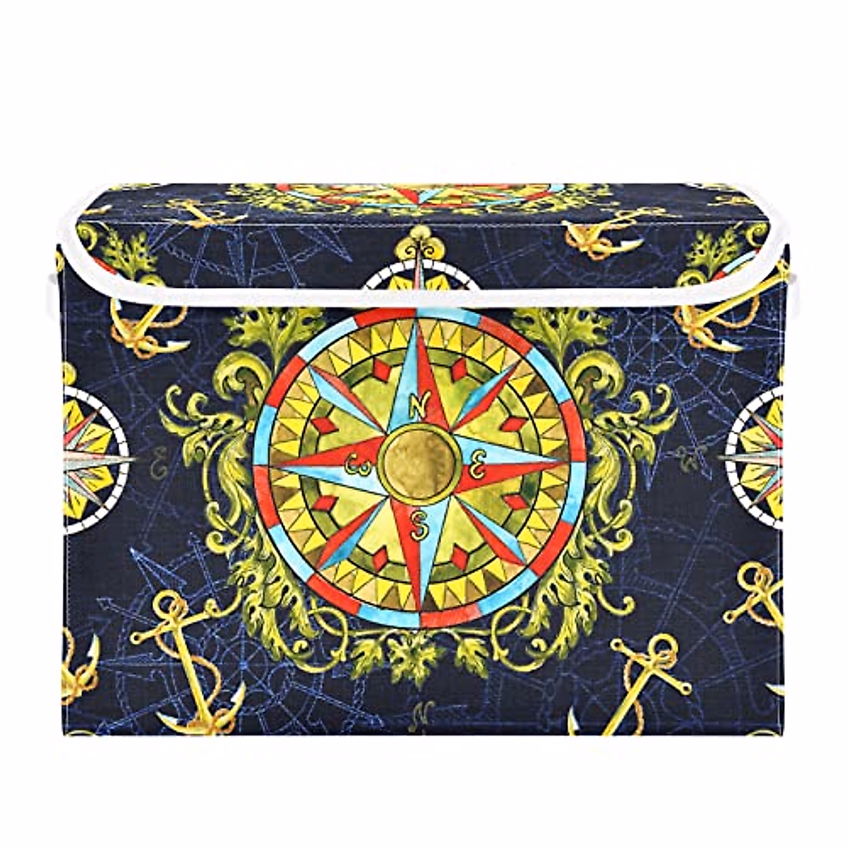 innewgogo Nautical Compass Anchor Storage Bins with Lids for Organizing Organizer Basket with Lid with Handles Oxford Cloth Storage Cube Box for Cat Toys