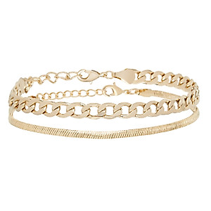 Nautica 14K Gold Plated Brass Anklet - Double Row Layered Chain Anklet for Women, Curb/Snake