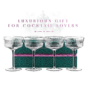 GLASSIQUE CADEAU Vintage Ritzy Cocktail and Champagne Coupe Glasses | Set of 4 | 7 oz Crystal Long Stemmed Glassware for Drinking Martini, Cosmopolitan, Manhattan | Retro Saucers