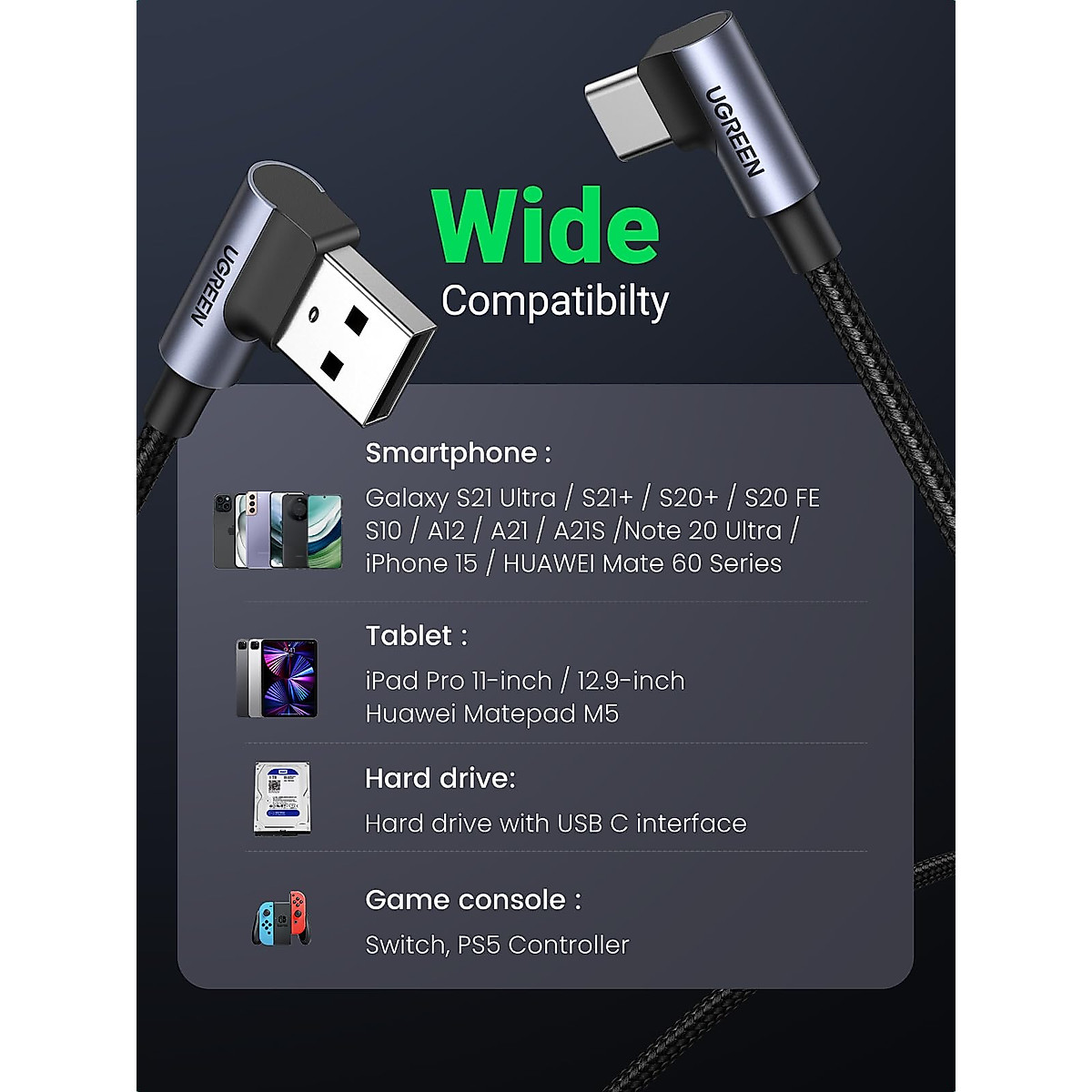 UGREEN USB to USB C Cable 2-Pack 90 Degree USB C Fast Charging Cord Compatible with iPhone 15/15 Plus/15 Pro/15 Pro Max/Samsung Galaxy S10/S10+/Pixel 7/6a/LG G8/G7/Pixel/Switch, etc. 6.6FT