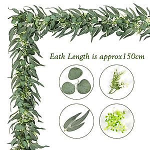 Dremisland Eucalyptus Garland with Long Willow Leaves 2 Packs 5.9Ft Silver Dollar Boston Fern Greenery Garland White Flowers Eucalyptus Vines for Wedding Party Mantle Table Runner Home Decor (4PCS)