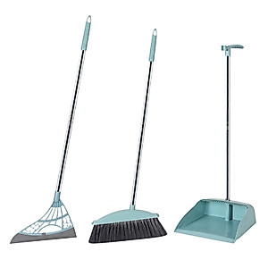Long Handle Broom and Dustpan Set with 39.5" Squeegee Broom, Upright Standing Lobby Broom and Dust Pan and Rubber Broom, Indoor Broom with Dustpan Set for Home Kitchen Room Office Floor