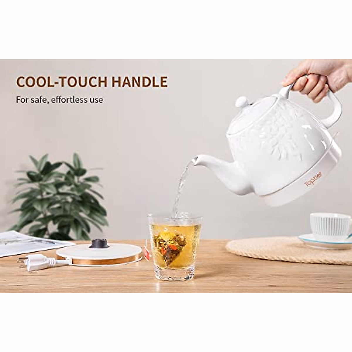 Toptier Electric Ceramic Tea Kettle, Boil Water Quickly and Easily, Detachable Swivel Base & Boil Dry Protection, Carefree Auto Shut Off, 1 L, White Leaf