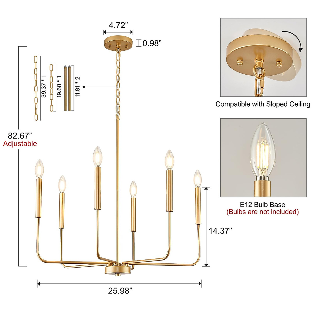 ONESMING Modern Gold Chandelier for Dining Room,Metal 6-Light Kitchen Light Fixtures,Farmhouse Candle Hanging Pendant Light for Living Room Entryway Foyer Bedroom (Bulb Not Included)