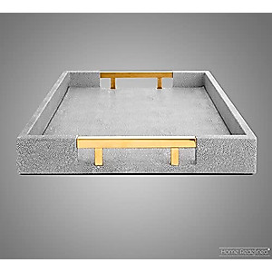 Modern Elegant 18"x12" Rectangle Grey Glossy Shagreen Decorative Ottoman Coffee Table Perfume Living Room Kitchen Serving Tray with Gold Polished Metal Handles by Home Redefined for All Occasion's