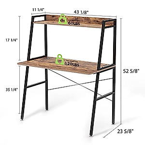 DESIGNA Small Computer Ladder Desk with Storage Shelves, 43 Inch 2-Tier Home Office Students Study Writing PC Gaming Table with Bookshelf Modern Workstation for Space Saving, Metal Frame, Rustic Brown
