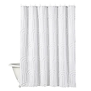 Estmy Boho White Tufted Shower Curtain Sets with Hooks, Simple Modern Chic Cute Rainbow Shape Chenille Stripe Cotton Fabric Shower Curtain Bathroom Decor, Heavy Duty/Water Repellent/Washable