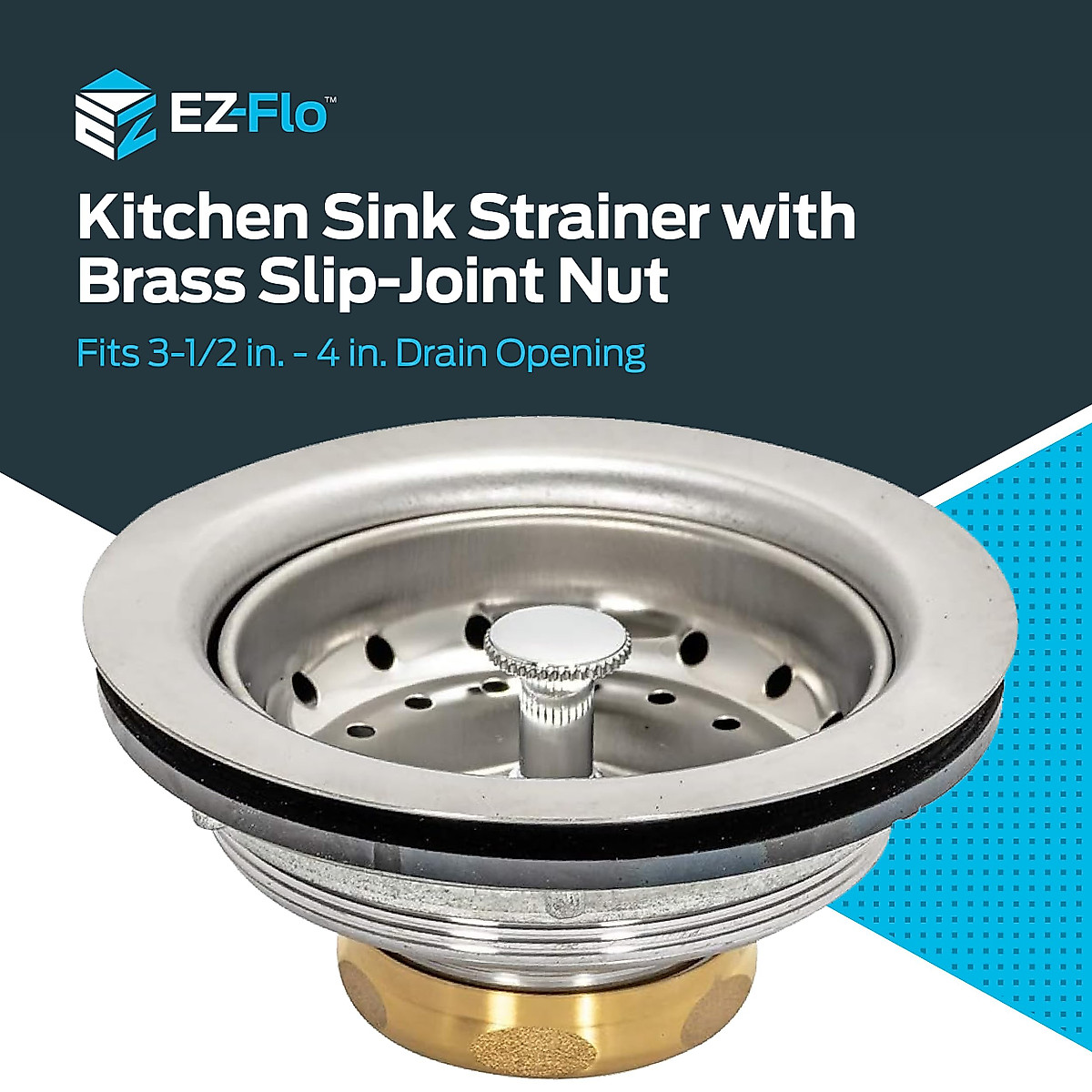 EZ-FLO Kitchen Sink Strainer fits 3-1/2 Inch Opening, Sink Drain Assembly with Brass Slip-Joint Nut and Fixed-Post Basket, Stainless Steel, 30003