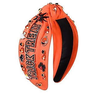 Halloween Headband Accessories for Women Crystal Pearl Knotted Headband Embellished Beaded Pumpkin Candy Corn Boo Headbands Rhinestone Jeweled Top Knot Headband Costume Party Favors (TRICK TREAT 2)