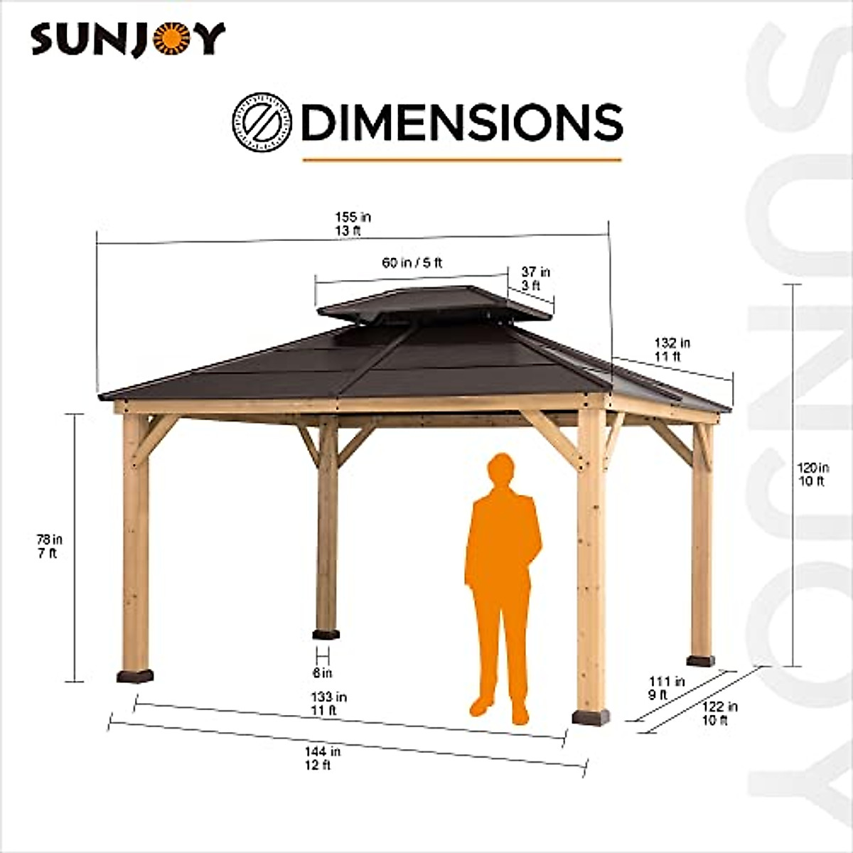 Sunjoy Hardtop Gazebo 11' X 13' Cedar Framed Wood Gazebo with Brown Double Steel Hardtop Roof Permanent Canopy for Garden, Backyard Shade