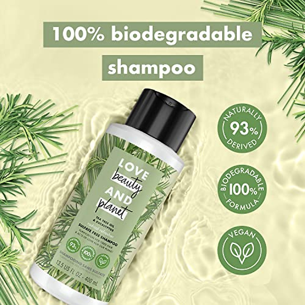 Love Beauty and Planet Radical Refresher 100% Biodegradable Shampoo Detoxifying & Purifying Tea Tree Oil & Eucalyptus Vegan Shampoo 0% Sulfates, Silicones, Parabens, and Dyes 13.5 oz