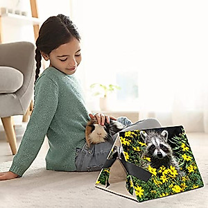 enheng Small Pet Hideout Raccoon Sitting Yellow Flowers Hamster House Guinea Pig Playhouse for Dwarf Rabbits Hedgehogs Chinchillas